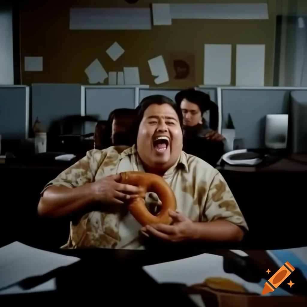 Pudgy man laughing in chaotic office cubicle with donut and messy hair ...