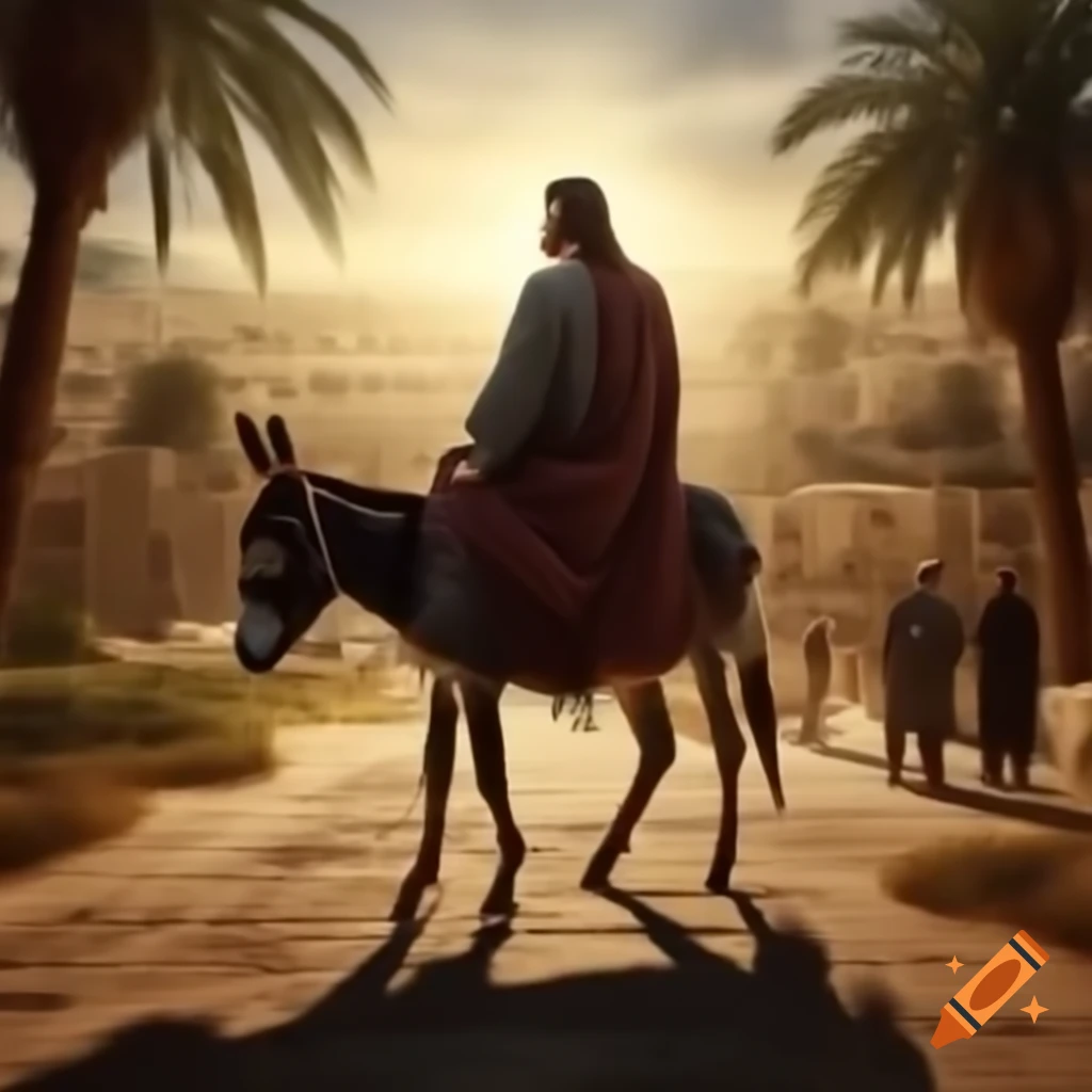 Jesus riding donkey into Jerusalem with palm branches and crowd on Craiyon