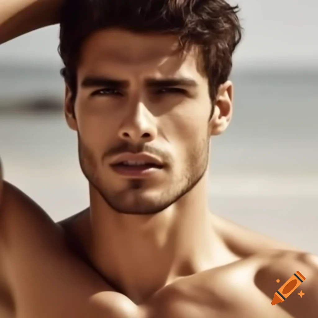 Confident Spanish male supermodel with relaxed smile in high contrast ...
