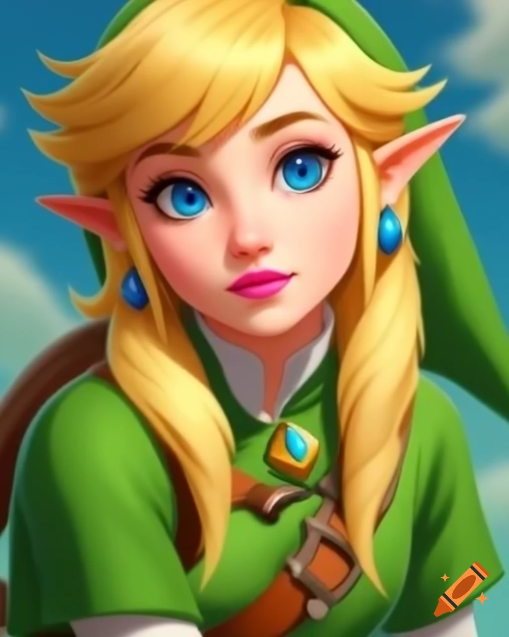 Legend of Zelda character Link in green tunic with details inspired by Princess Peach on Craiyon