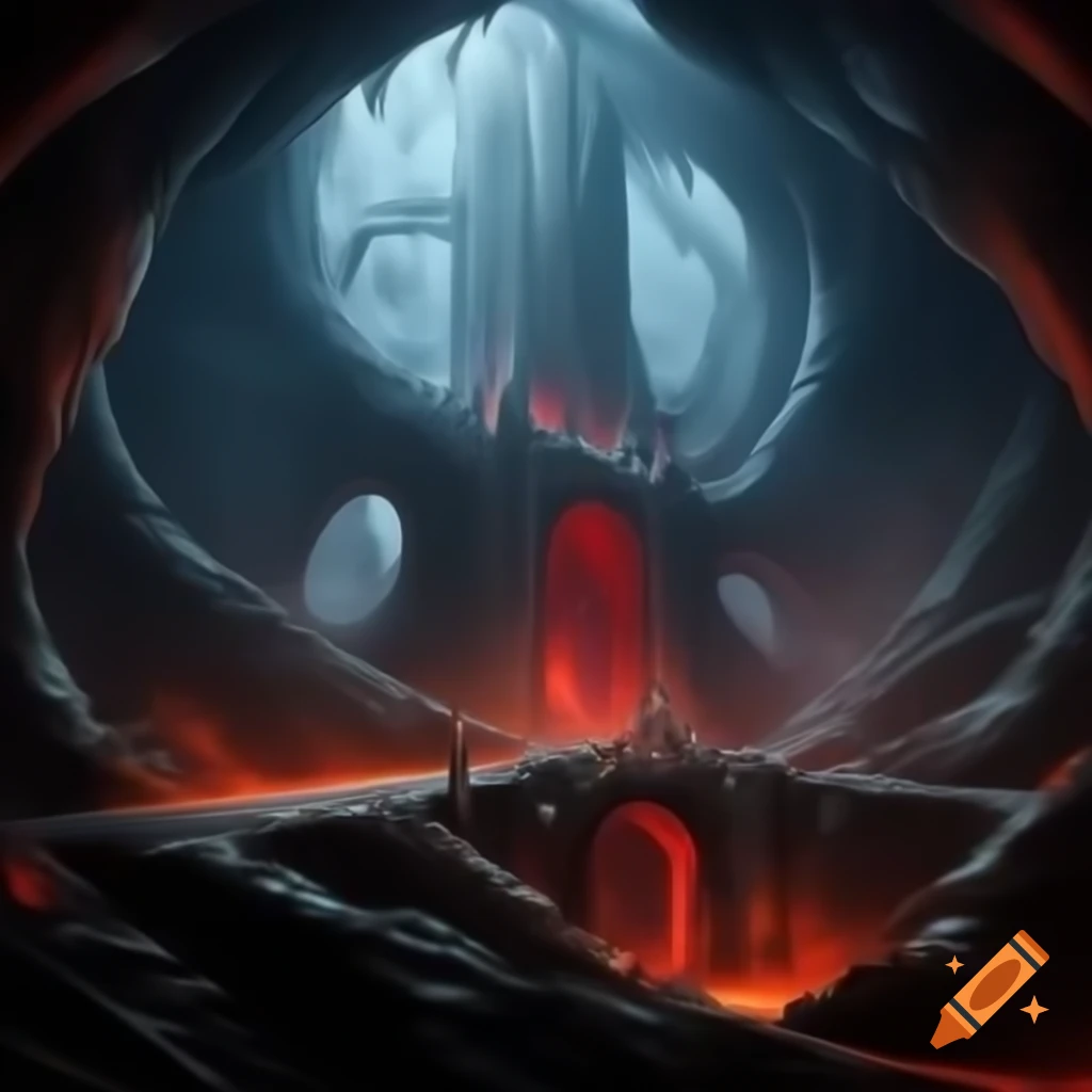 Dark fantasy spider castle in cave with web walls and glowing red light ...