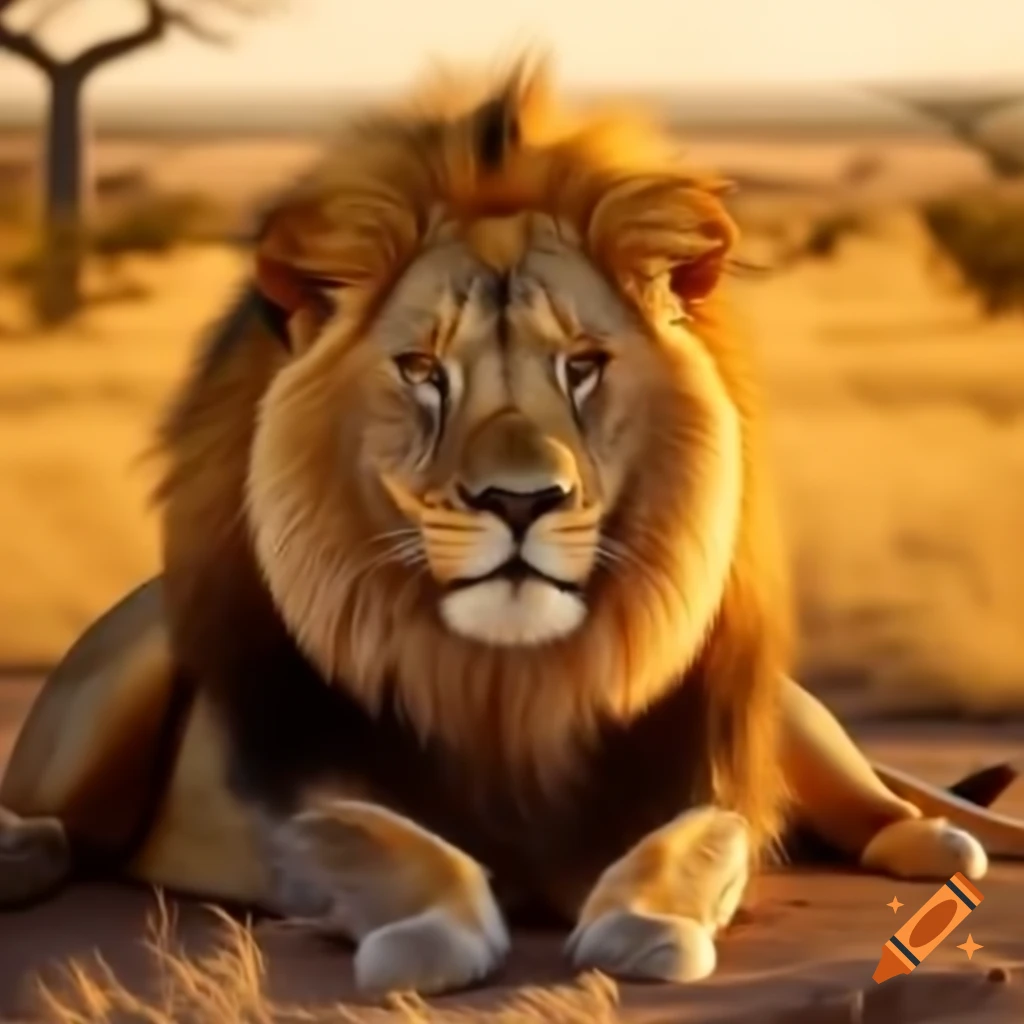 Mighty lion with shimmering mane lying on ground, snoring under bright ...