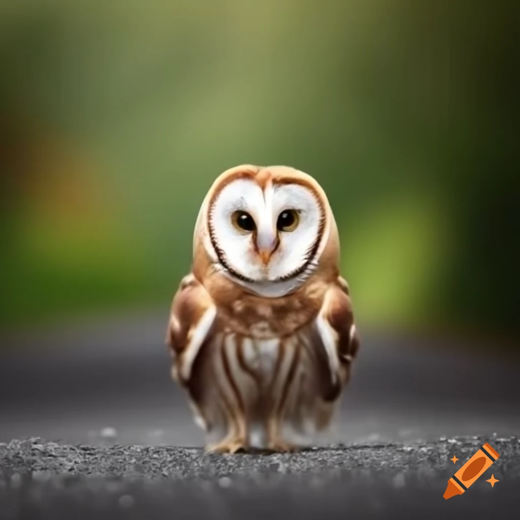 Owl sitting on asphalt road in a cheerful atmosphere on Craiyon