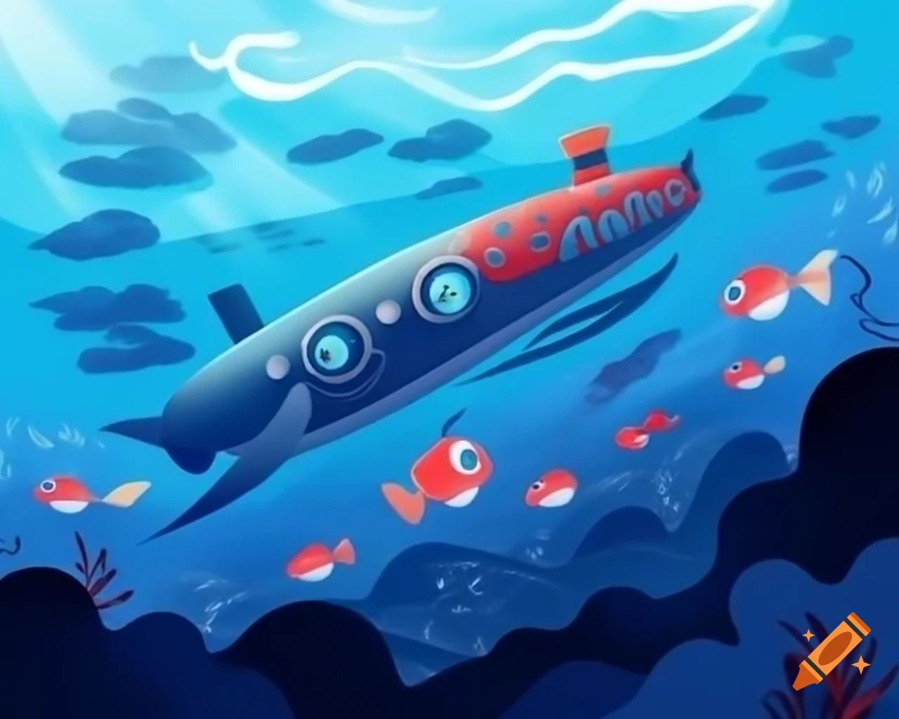Deep sea scene with colorful fish, treasures, red submarine, and ...