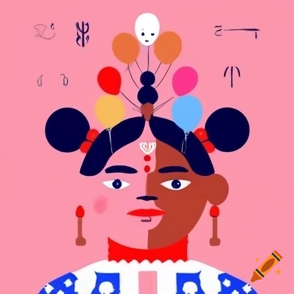 Woman with three faces and three eyes holding balloons, pink background ...