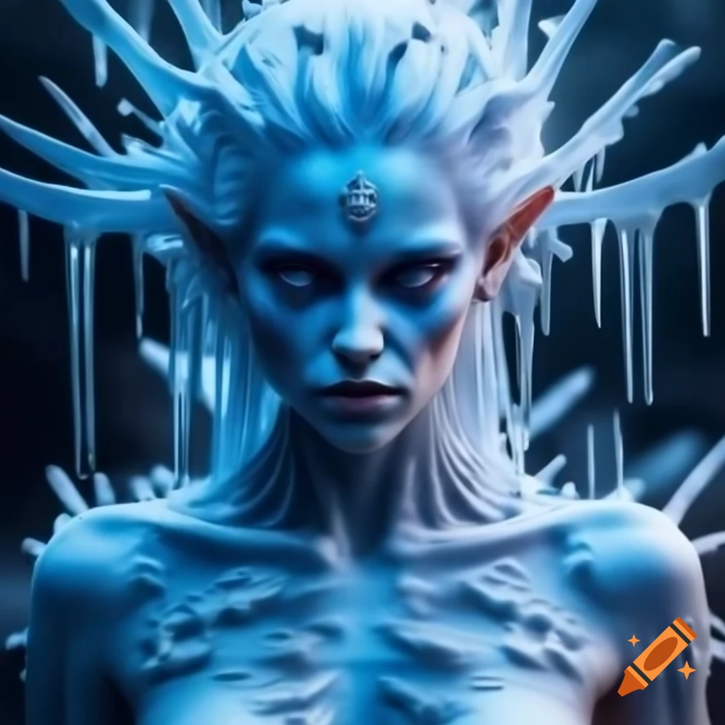 Fantasy goddess of winter with icy blue skin and icicle hair on Craiyon
