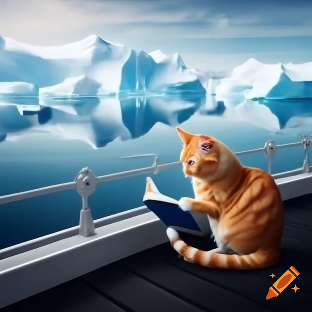 Ginger cat reading book about rats on icebreaker bridge approaching ...