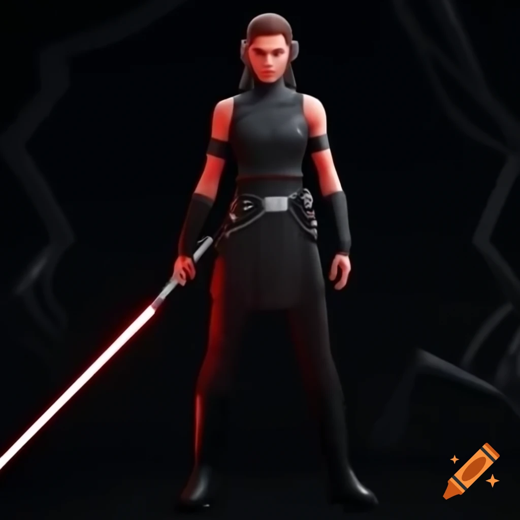 Female Sith in black outfit wielding double-bladed lightsaber on Craiyon