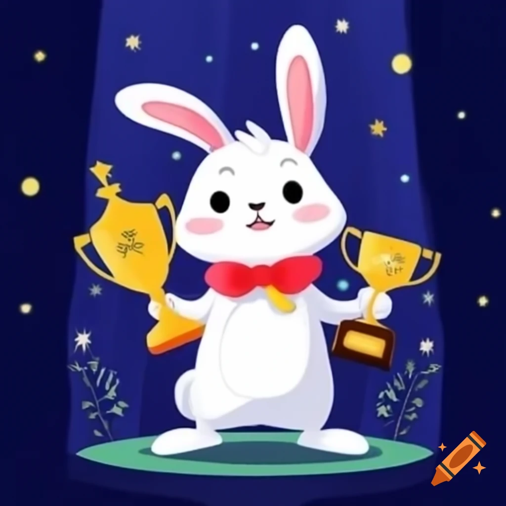 Happy white rabbit holding golden trophy on stage, celebrating on Craiyon