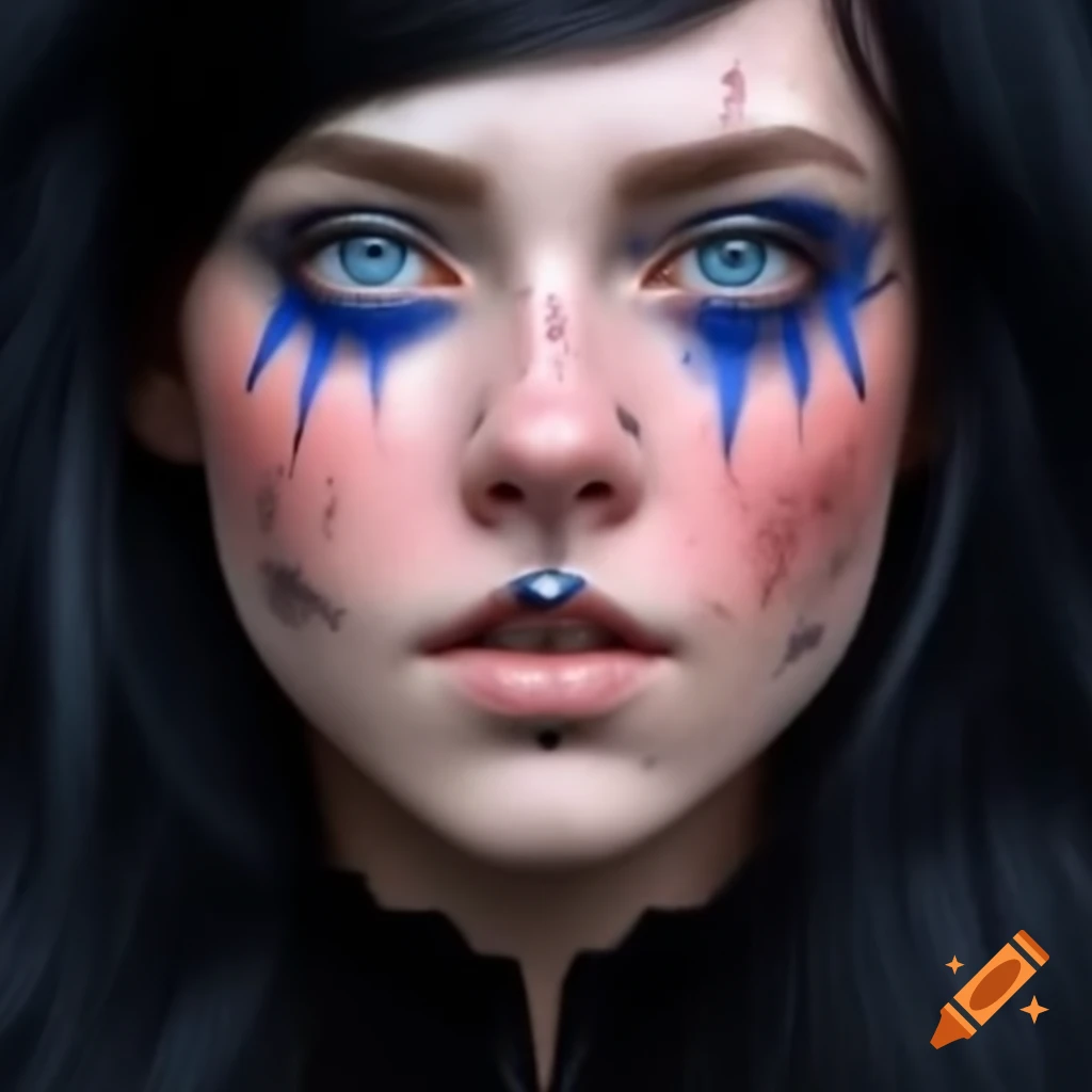 Woman with claw mark scars on face, black hair and blue eyes on Craiyon