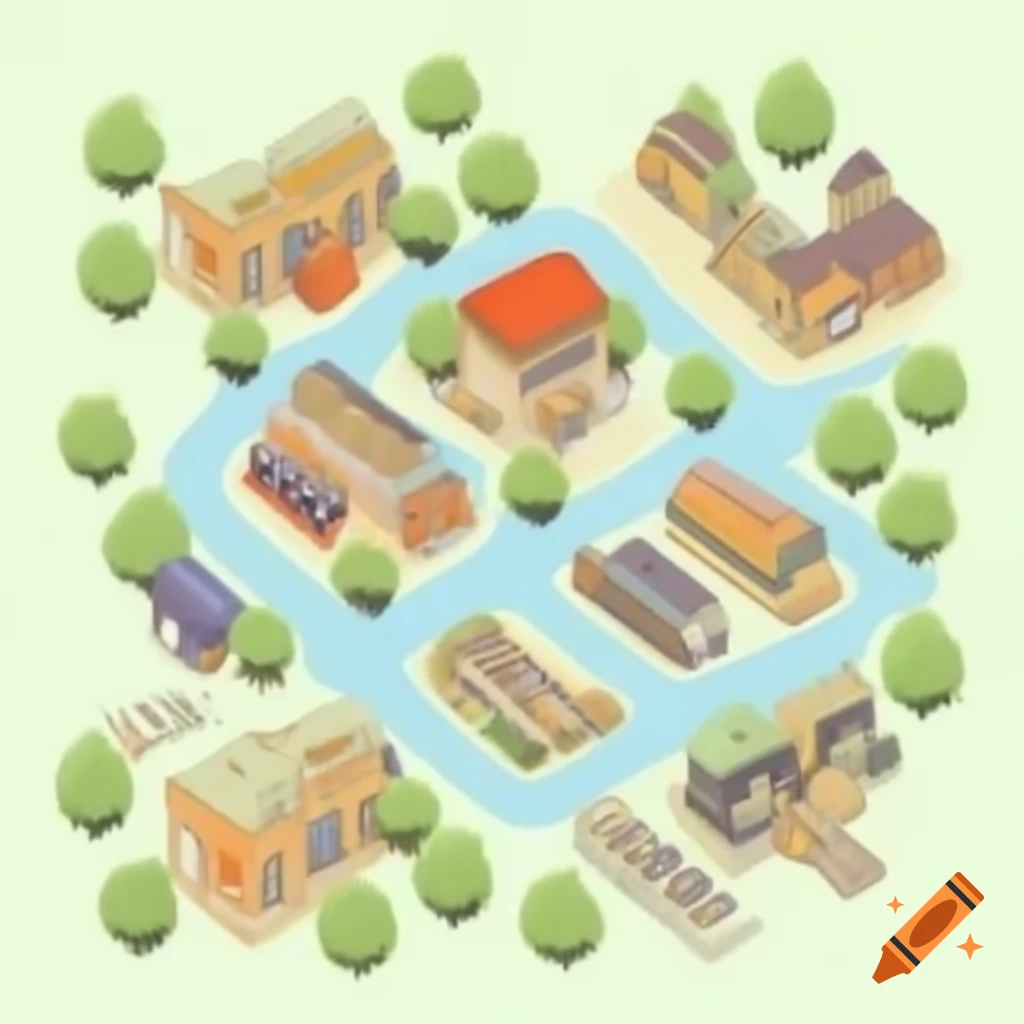 Illustrated map of a small town featuring post office, grocery store ...