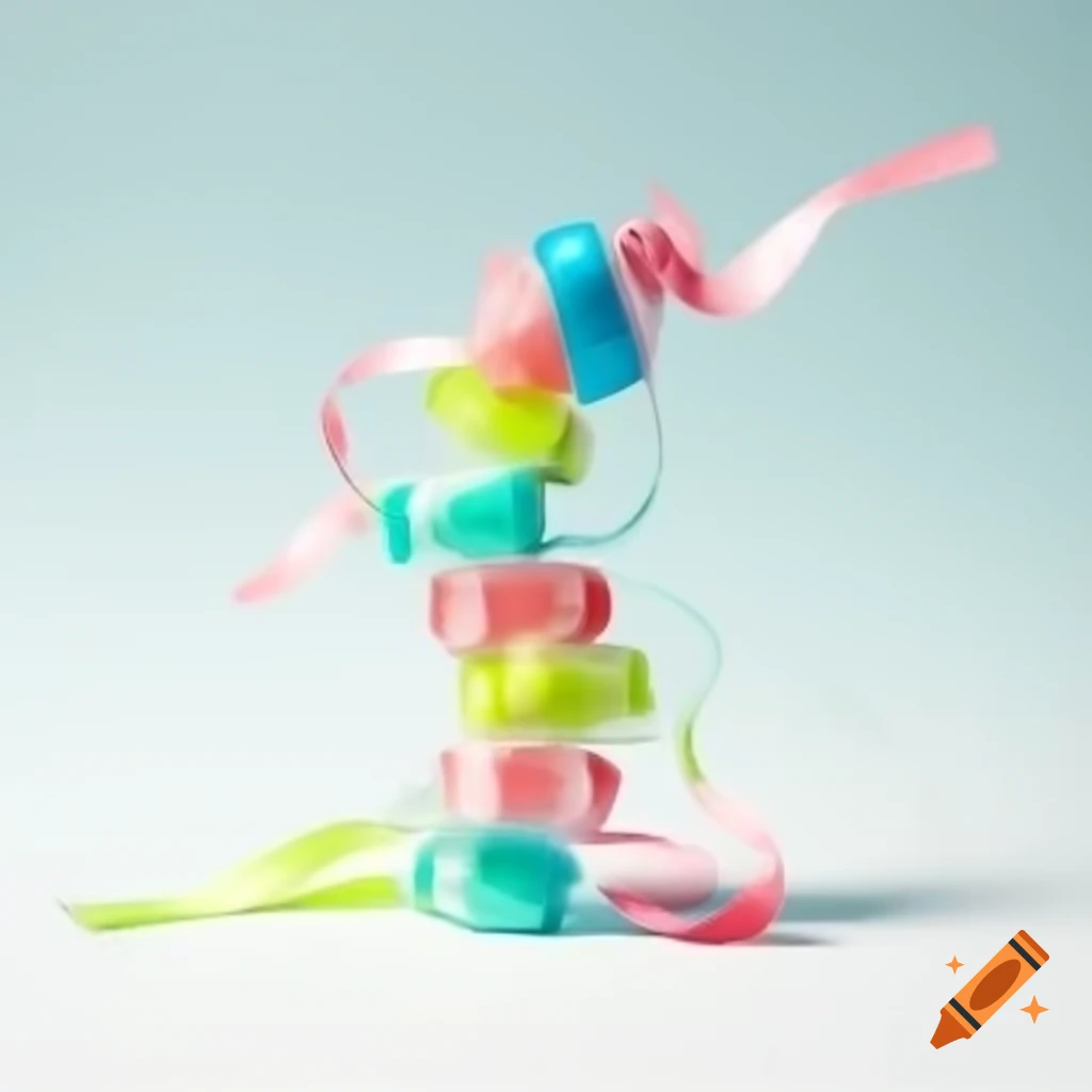 Colorful translucent taffy ribbon falling onto tabletop on Craiyon
