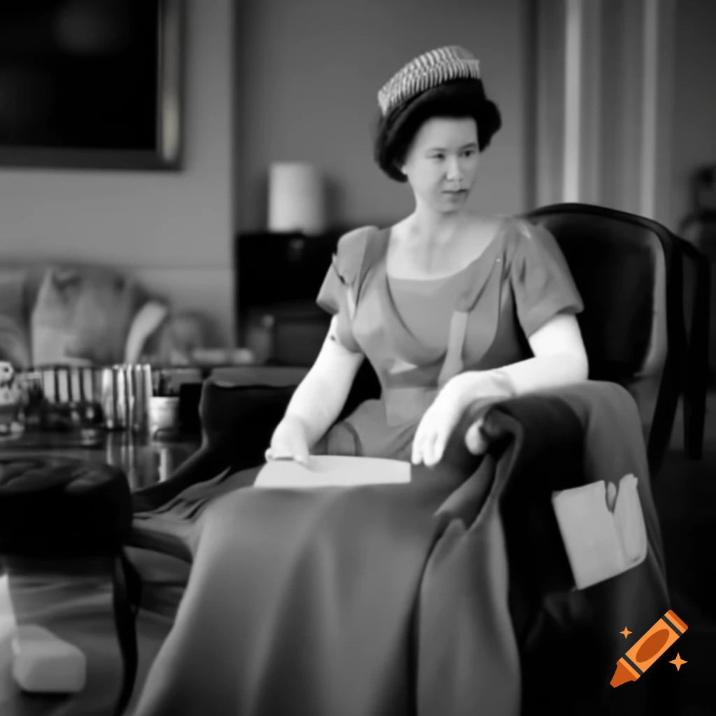 Action shot of Queen Elizabeth II, showcasing humor and elegance on Craiyon