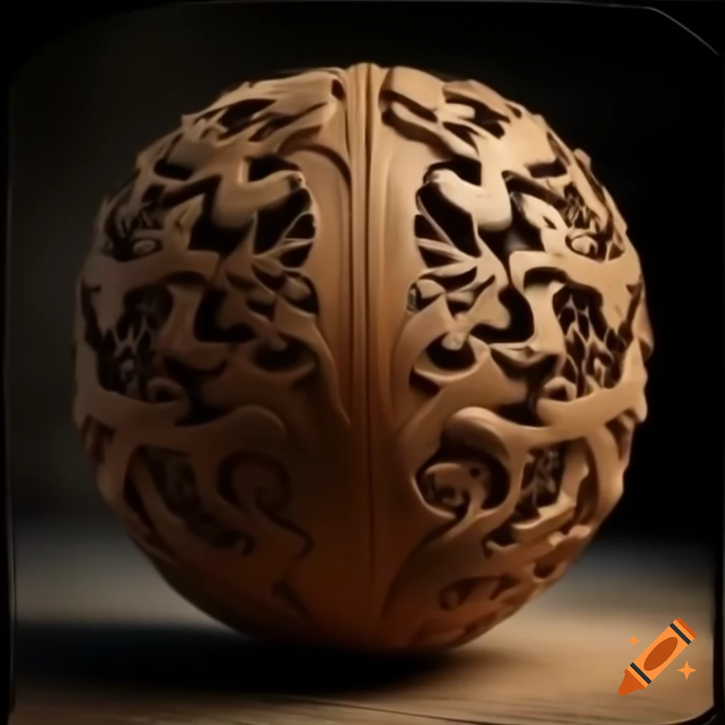 Ornate wooden sphere with intricate carvings and high detail on Craiyon