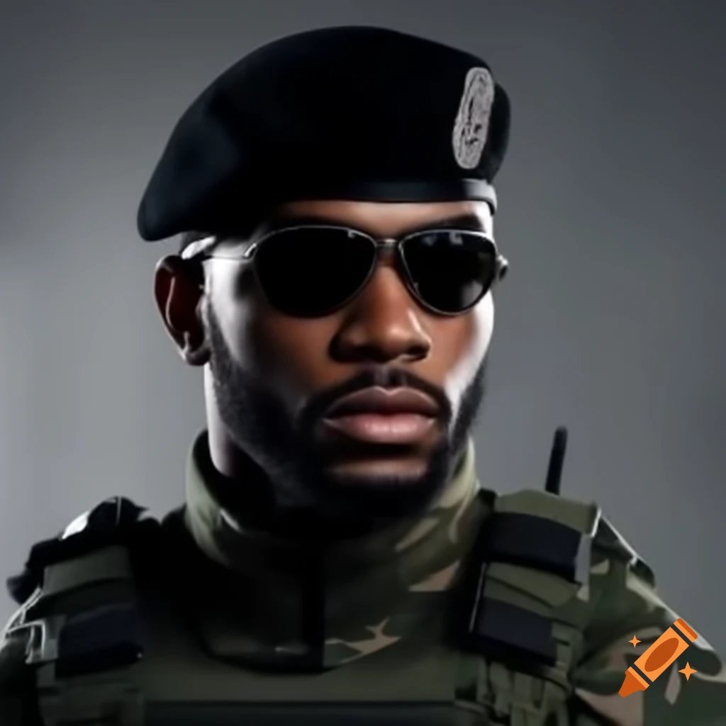 African-American paramilitary member in tactical gear and beret on Craiyon