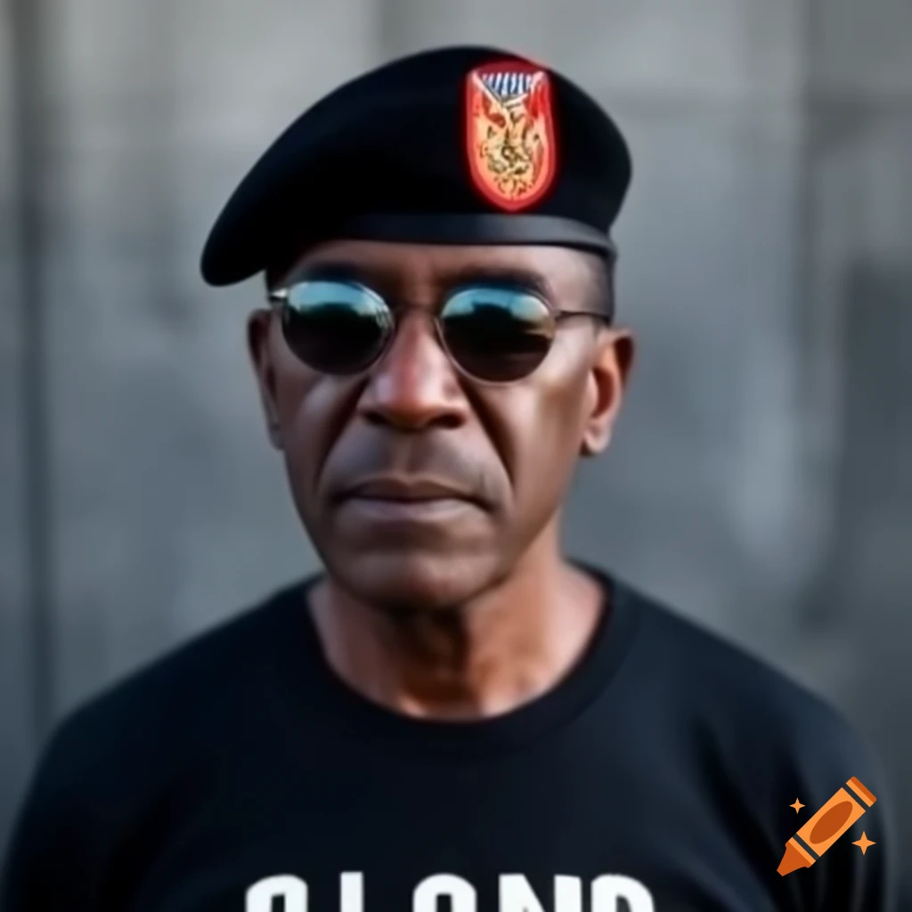 African-American paramilitary member in black attire and sunglasses on ...