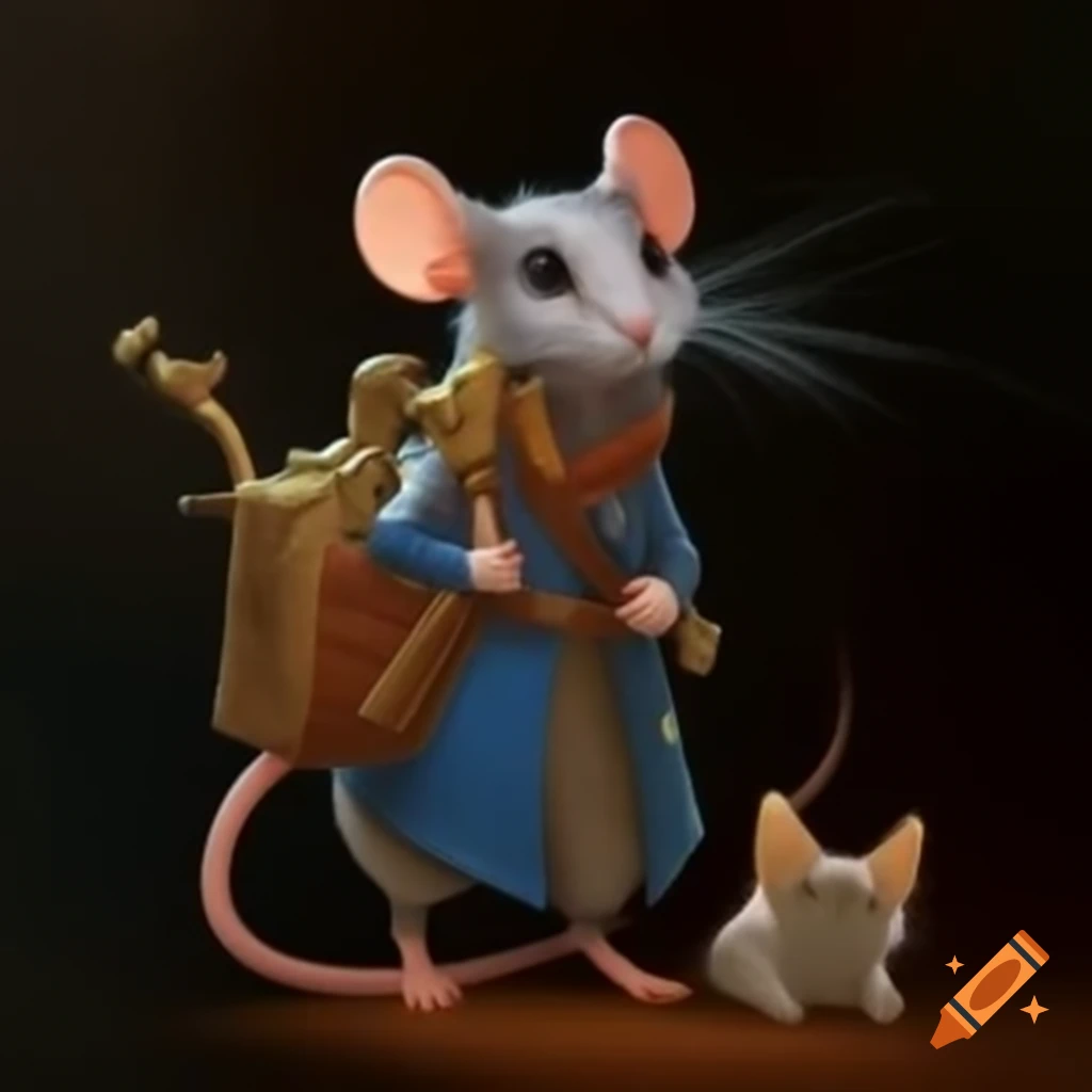 Humanoid mouse carrying alchemy bag with cat on shoulder on Craiyon