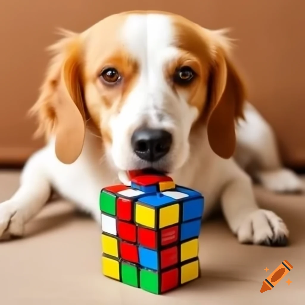 Pencil drawing of a dog with a Rubik's cube in its mouth on Craiyon
