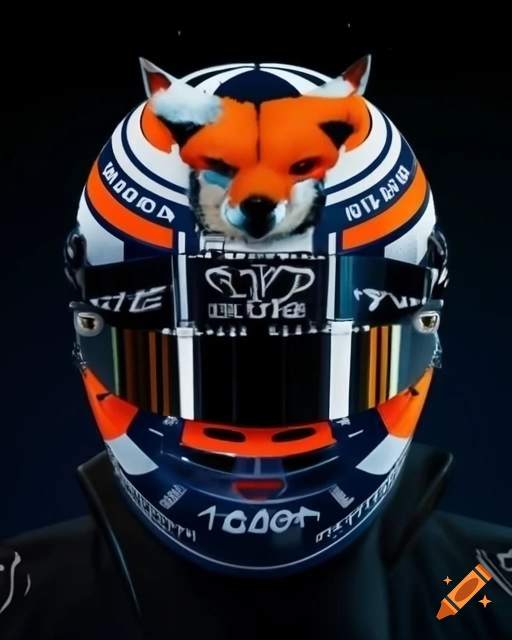 Streamlined Formula 1 helmet with orange fox design and monster energy ...