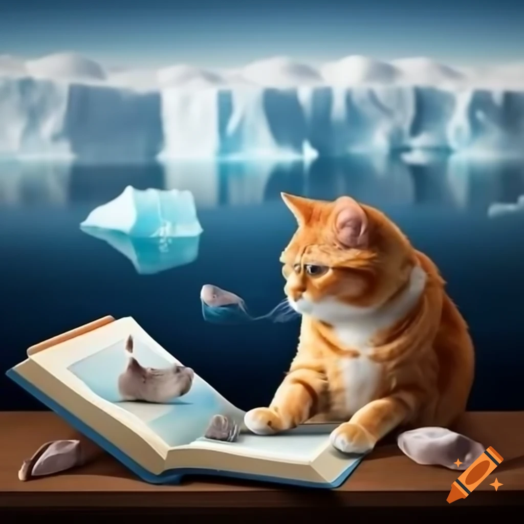 Ginger cat reading book about rats on icebreaker bridge approaching ...