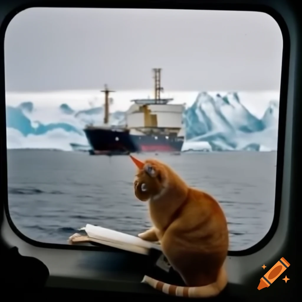 Ginger cat reading book about rats on icebreaker bridge approaching ...