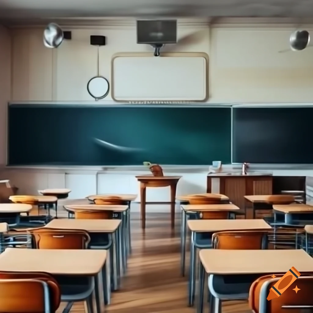 Empty old school classroom with a message board in rectangular shape on ...