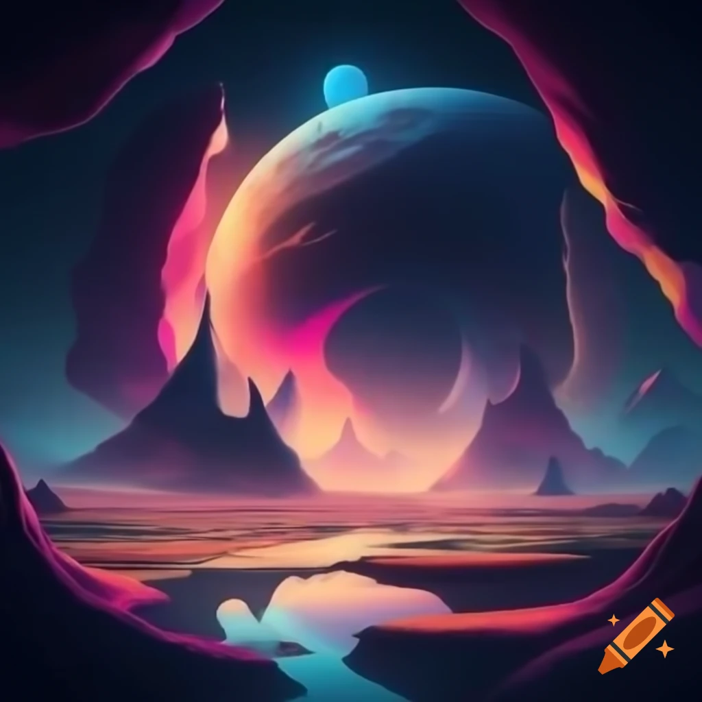 Surreal landscape with bending gravity and vibrant organic-geometric ...