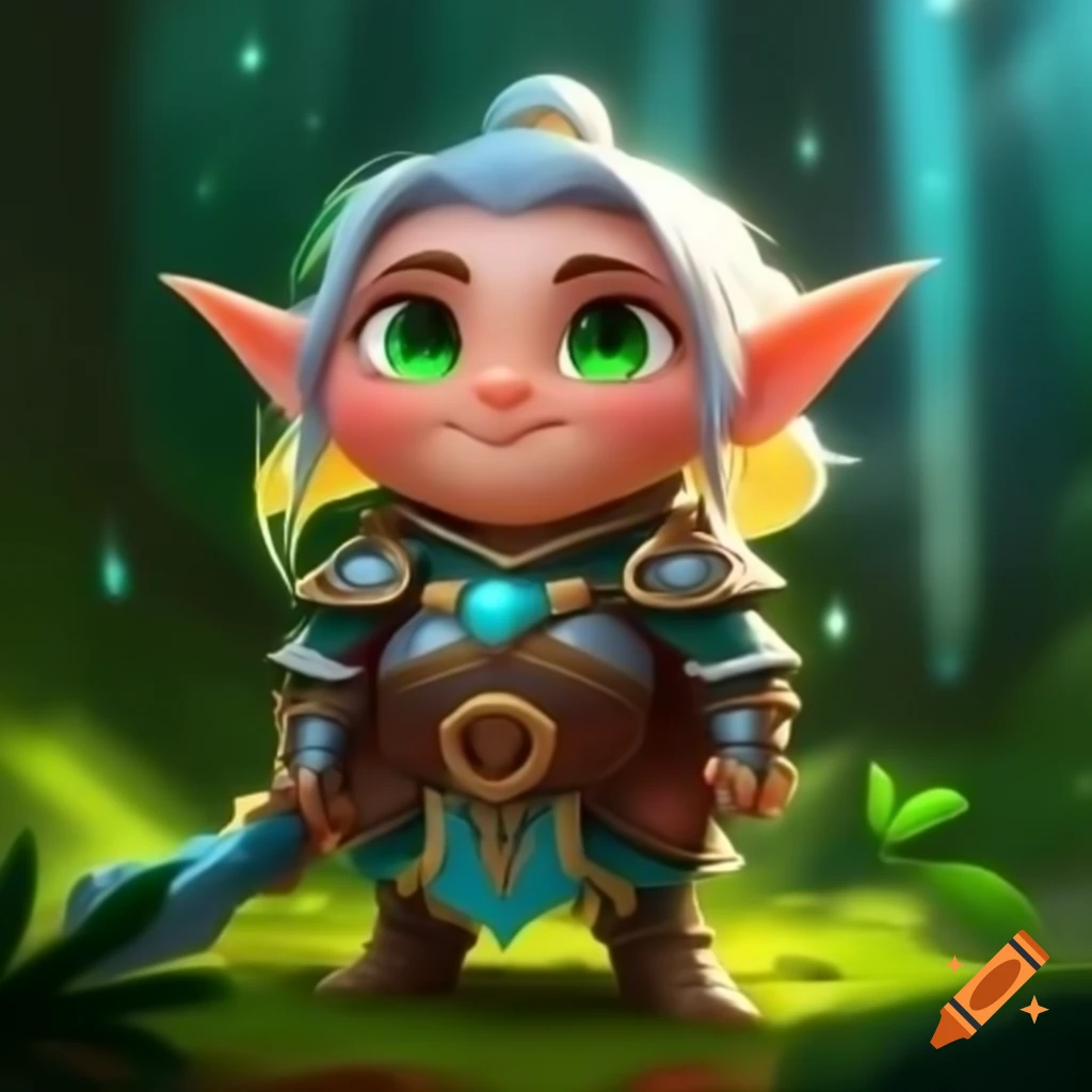 Cartoon elf warrior in fantasy armor in magical forest on Craiyon