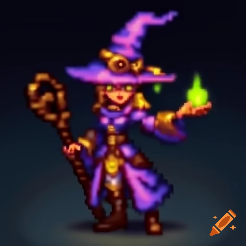 Pixel art female mage with pointy hat and magic staff on Craiyon