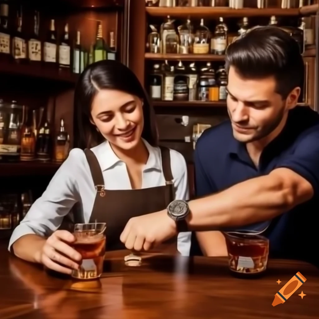 Advertisement for 'On his wrist' watch featuring man and woman with whisky on Craiyon