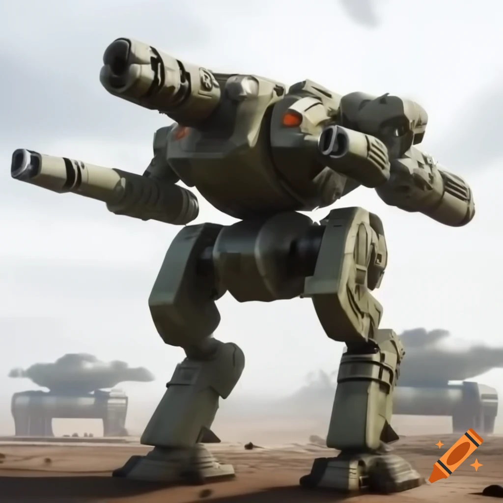 Heavily armored bipedal battle mech with military tank-inspired design ...