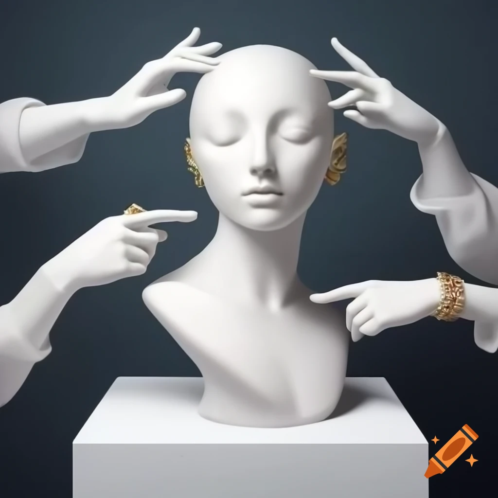 Surreal marble statue head with human hands adorned in gold jewelry on ...