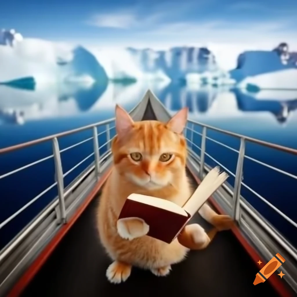 Ginger cat reading book about rats on icebreaker bridge approaching ...