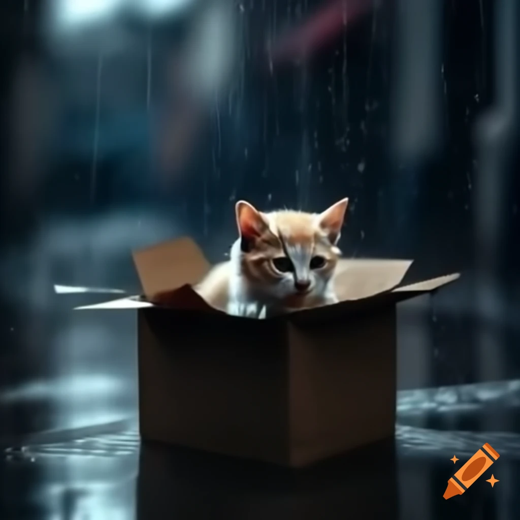 Lonely wet kitten under cardboard box in heavy rain with sad eyes on ...