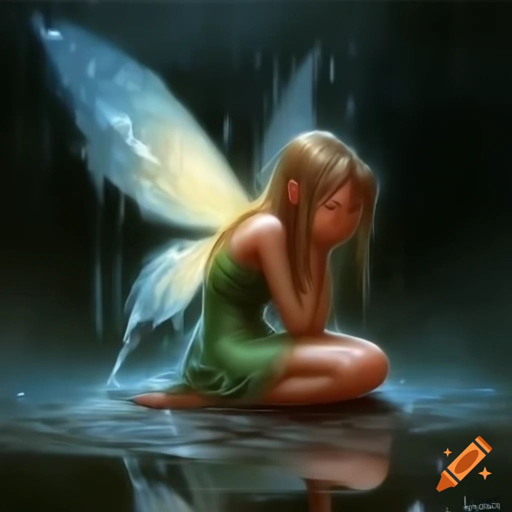 Sad fairy with broken wing sitting in rain, glowing warm light from ...