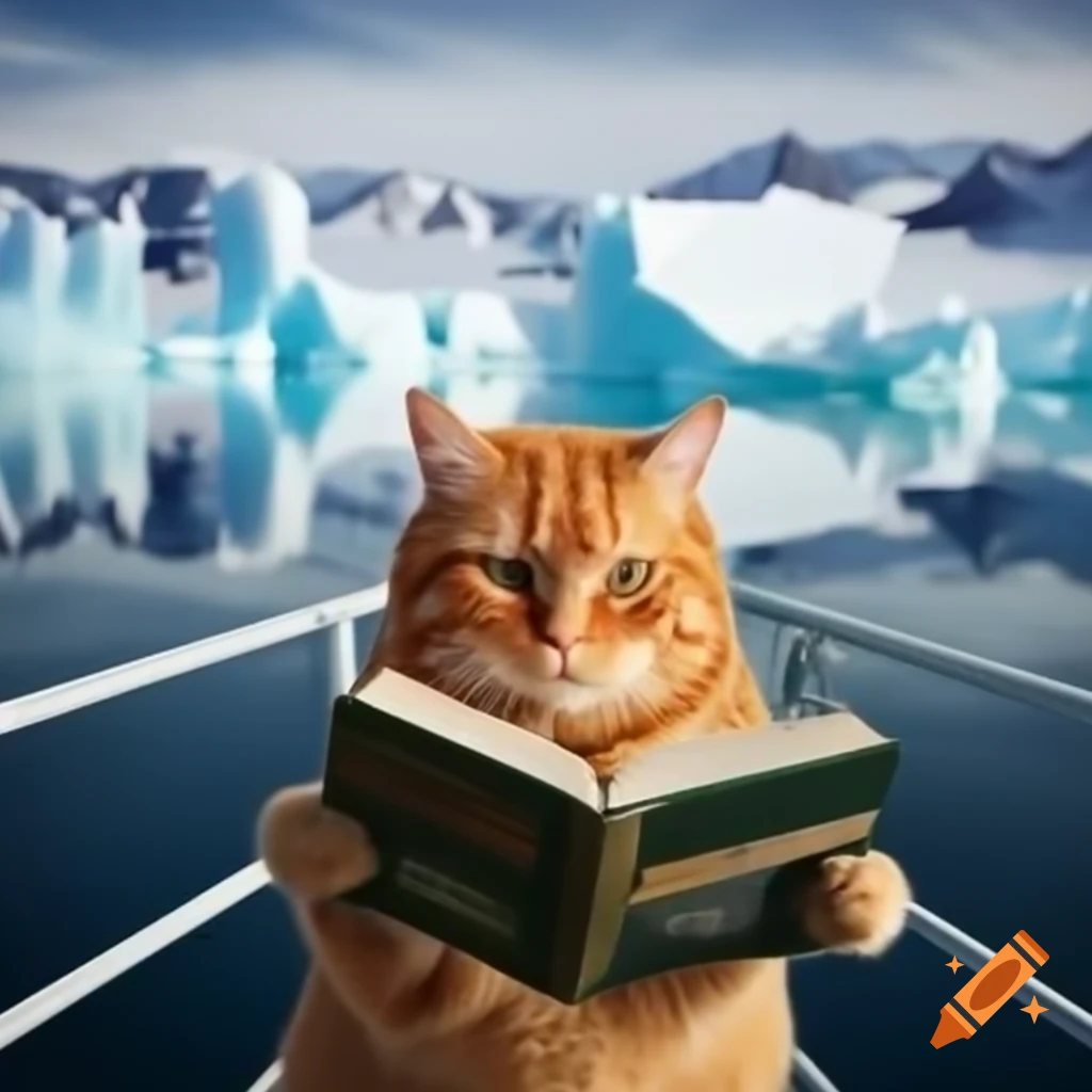 Ginger cat reading book about rats on icebreaker bridge approaching ...