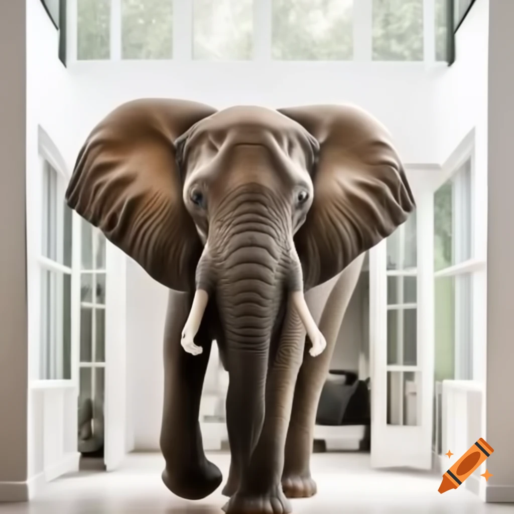 African elephant in elegant minimalistic living room with high windows ...