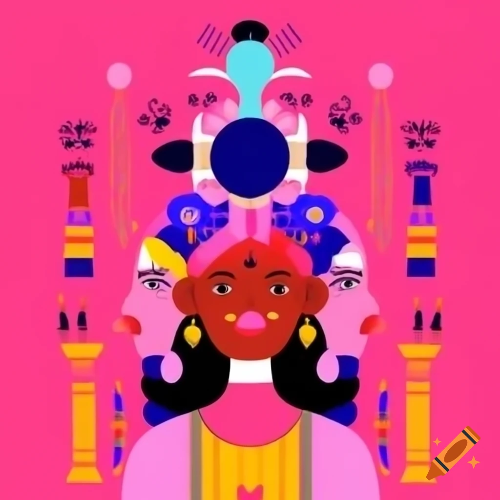 Abstract artwork of a three-headed woman with multiple eyes on a pink ...