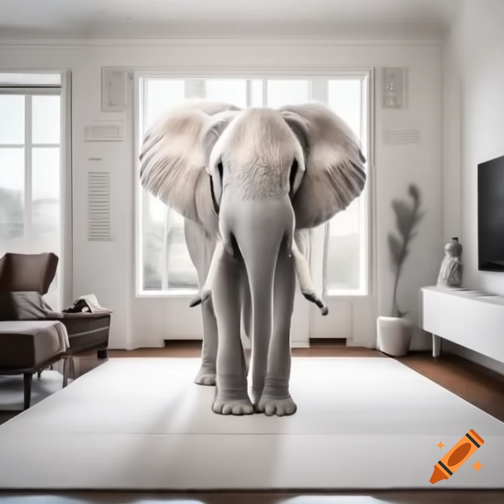 Snow white African elephant in minimalistic living room with high ...