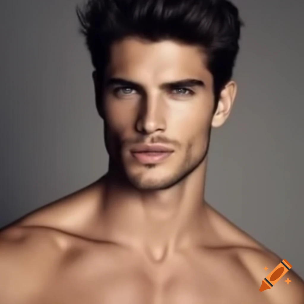 Confident Spanish male supermodel with relaxed smile in high contrast ...
