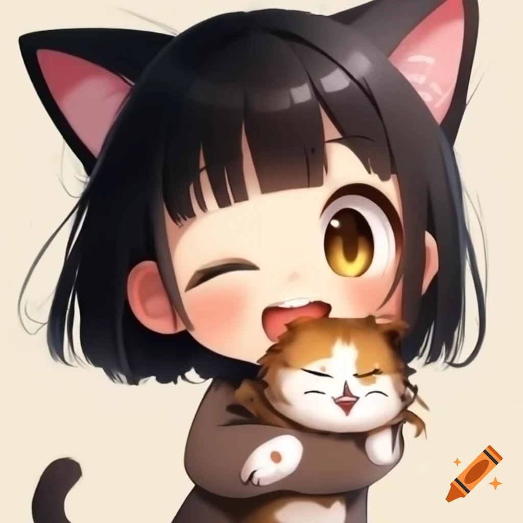 Chibi cat ear girl with short black hair laughing with a dog on Craiyon