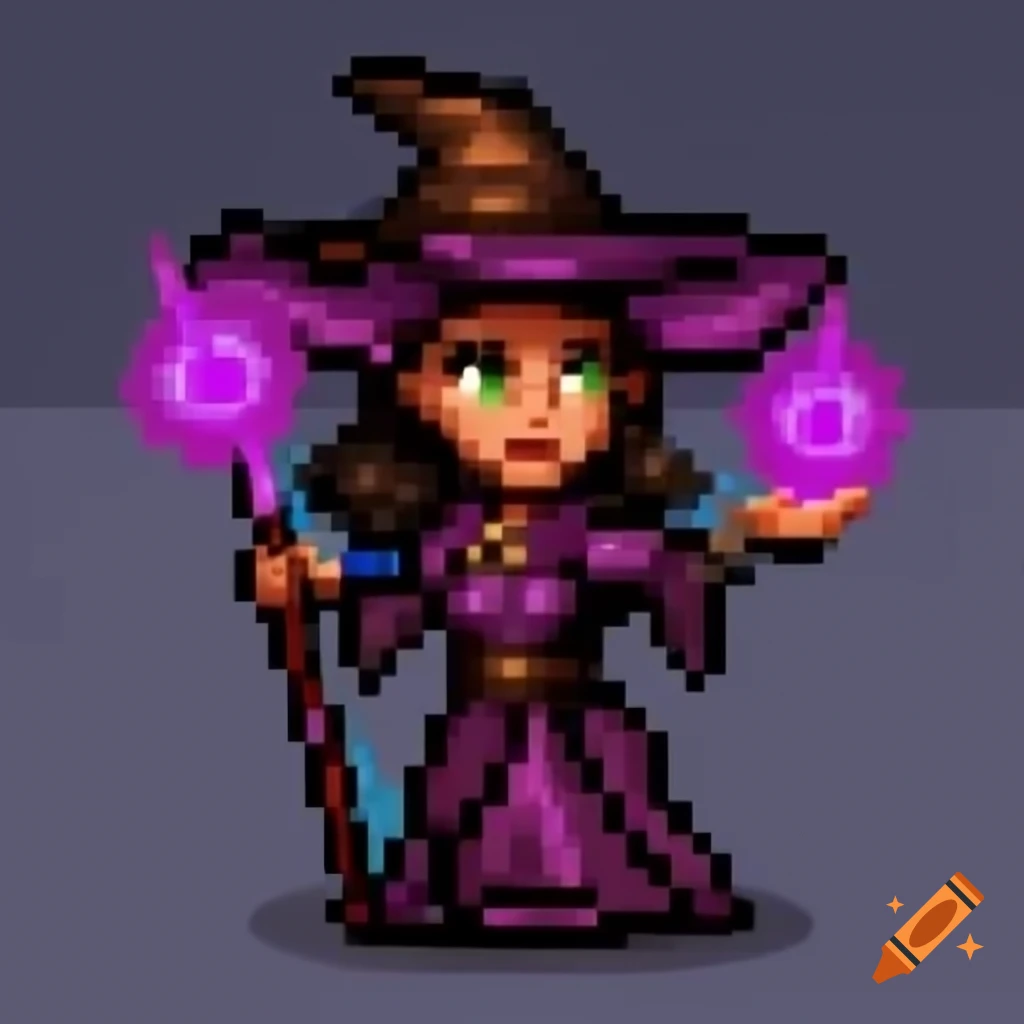 Pixel art female mage with pointy hat and magic staff on Craiyon