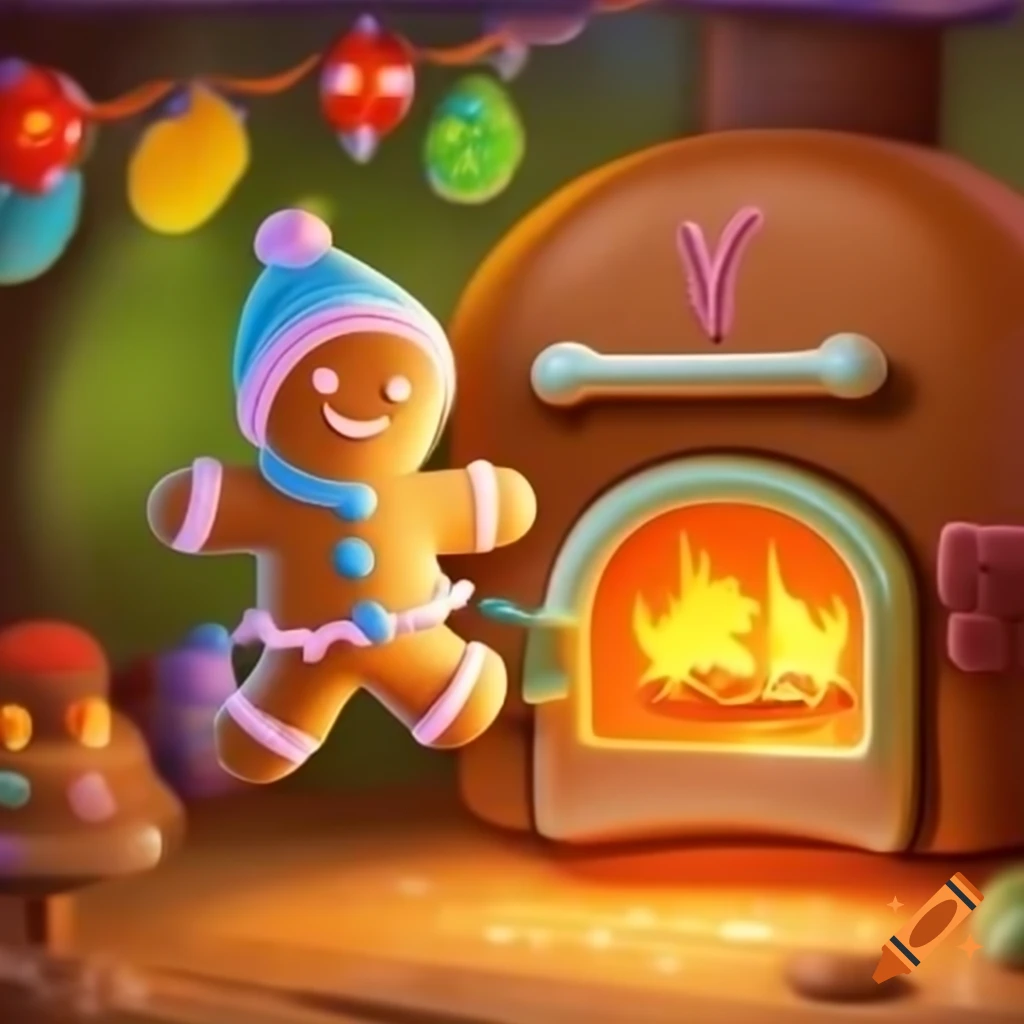 Gingerbread man jumping out of oven, surprising smiling old woman in ...