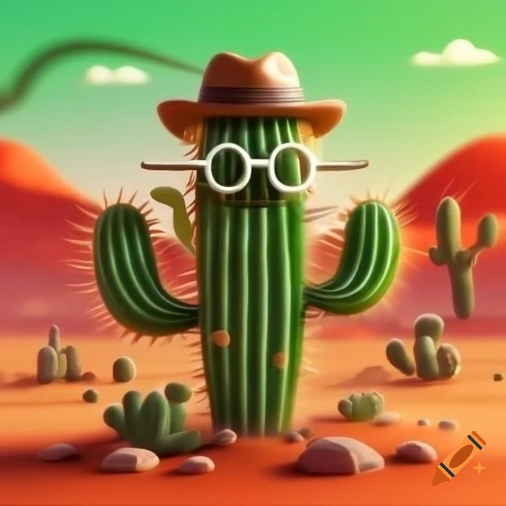 Cactus with a face, monocle, and detective hat in desert on Craiyon