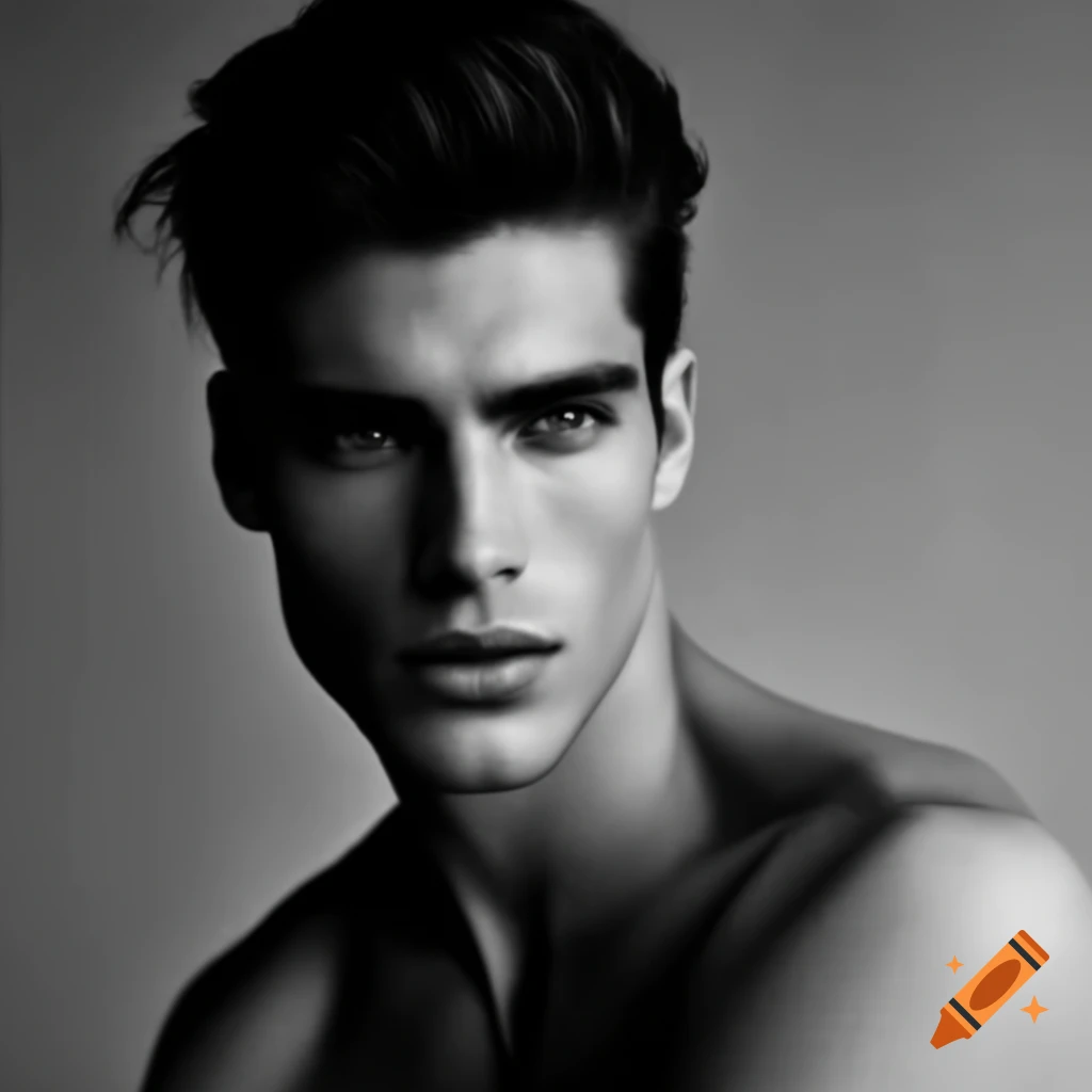 Confident Spanish male supermodel in high contrast, asymmetric pose on ...