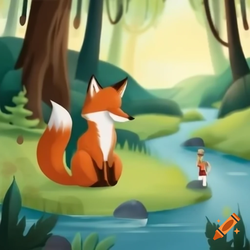 Clever fox talking to gingerbread man near river in fairy tale forest ...