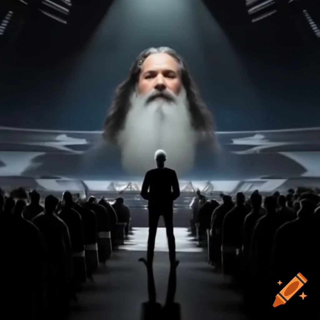 Speaker with long gray beard on stage addressing large audience on Craiyon