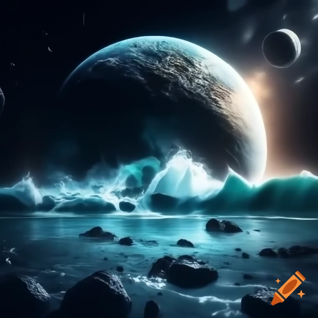 Waves of liquid methane crashing on rocky shores of cold planet on Craiyon