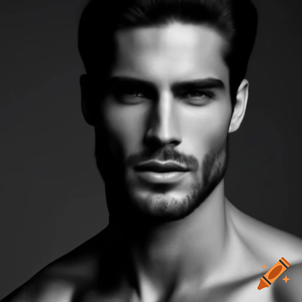 Confident Spanish male supermodel in high contrast asymmetric pose on ...