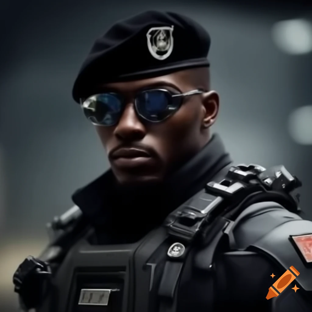 African-American paramilitary member in black tactical gear with beret ...